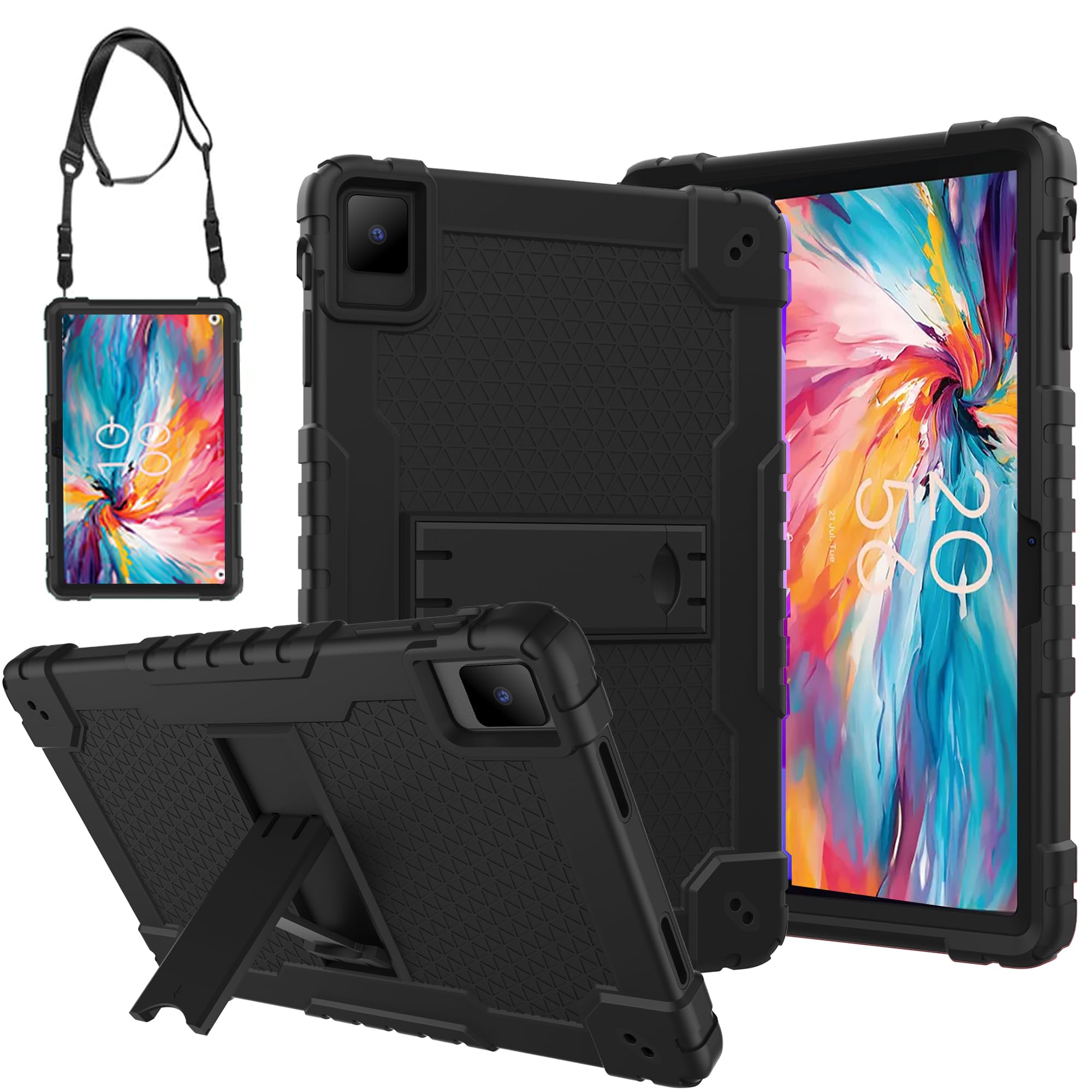 Mignova for TCL Tab Pro 5G Tablet Case Built in Rotating Kickstand/Shoulder Strap Hand Strap Hybrid Shockproof Armor Kids Friendly Case for Nokia T20/T21/Vastking KingPad M10 10.36 inch(Black+Black)