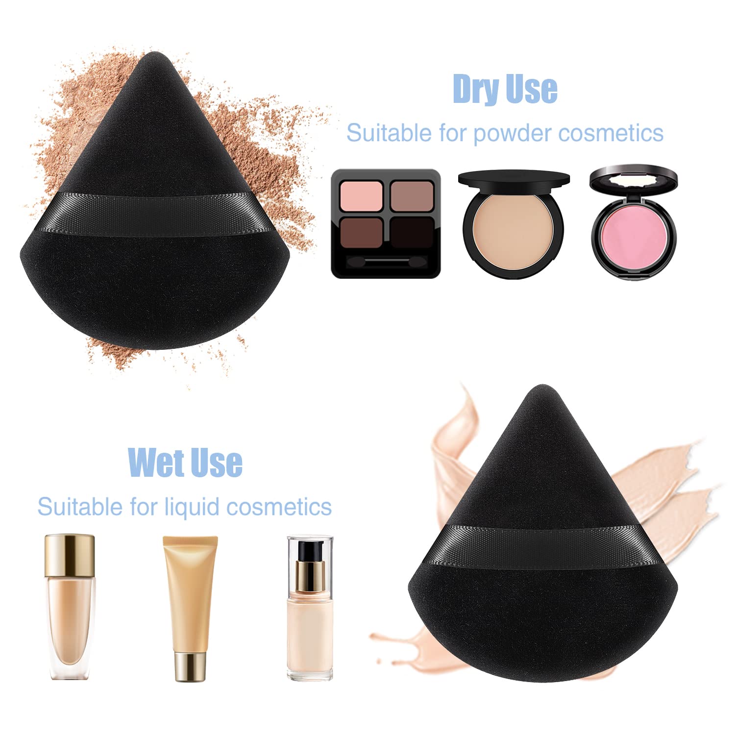 Pimoys 15 Pieces Powder Puff Triangle Makeup Sponge Setting Powder Puffs for Loose Powder Velour Puff for Face Exquisite Makeup Eyes Contouring, Blender Sponge Beauty Makeup Tool(Black)