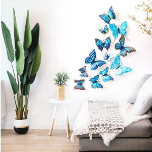 Tuxiaobu 24PCS Butterfly Wall Decal, Removable Refrigerator Magnets Mural Stickers, 3D Wall Stickers for Kids Home Room Art Decorations Wall, Double Wings - Blue