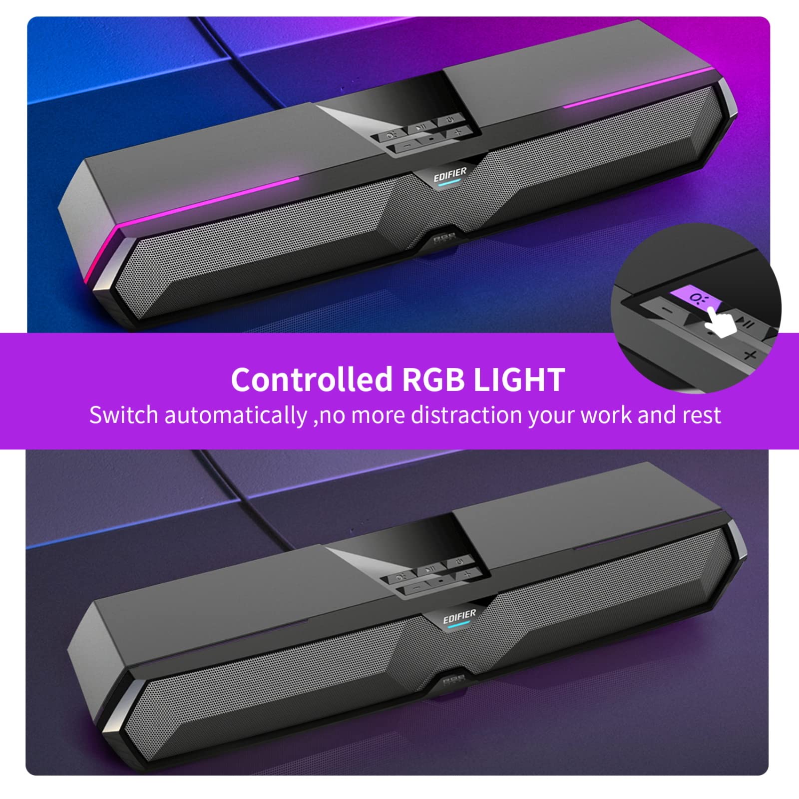 Edifier MG300 Computer Sound Bar: Loud Speakers with Deep Bass - Switch RGB Built-in Microphone for Gaming Speakers Wireless Bluetooth 5.3 & USB Adapter PC Sound Bar for Desktop