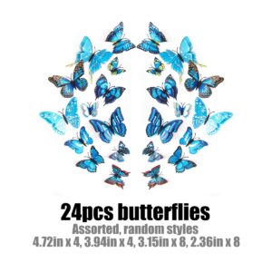 Tuxiaobu 24PCS Butterfly Wall Decal, Removable Refrigerator Magnets Mural Stickers, 3D Wall Stickers for Kids Home Room Art Decorations Wall, Double Wings - Blue