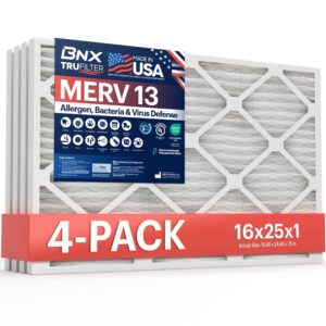 bnx trufilter 16x25x1 air filter merv 13 (4-pack) - made in usa - electrostatic pleated air conditioner hvac ac furnace filters for allergies, pollen, mold, bacteria, smoke, allergen, mpr 1900 fpr 10