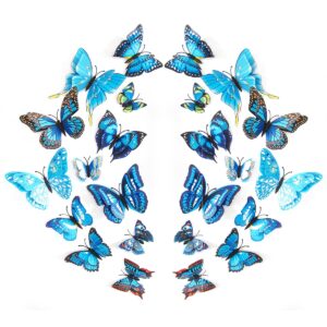 Tuxiaobu 24PCS Butterfly Wall Decal, Removable Refrigerator Magnets Mural Stickers, 3D Wall Stickers for Kids Home Room Art Decorations Wall, Double Wings - Blue