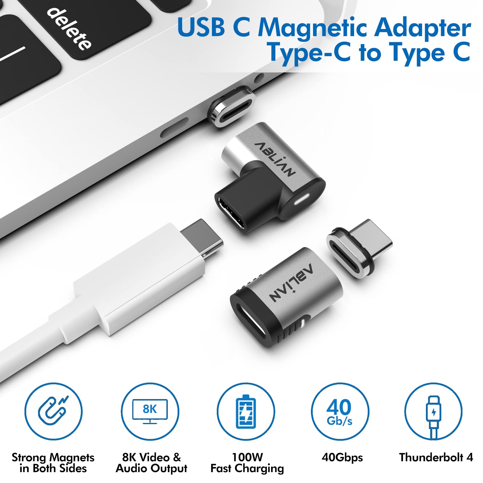 USB C Magnetic Adapter 240W 2PCS, Straight and 90 Degree Right Angle Magnetic USB C Adapter Detachable with 24 pin Fast Charging USB4 40Gbps 8K60Hz, for Thunderbolt 3/4 Laptops and More USB C Devices