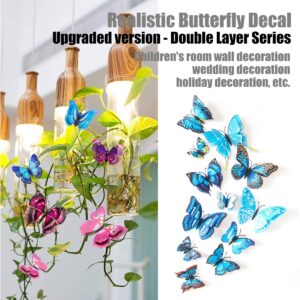 Tuxiaobu 24PCS Butterfly Wall Decal, Removable Refrigerator Magnets Mural Stickers, 3D Wall Stickers for Kids Home Room Art Decorations Wall, Double Wings - Blue