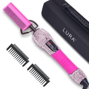 lura pink 180-500°f hot comb electric for wigs, straightening for african american hair,pressing for natural black, bling diamonds straightener brush for women thick hair…