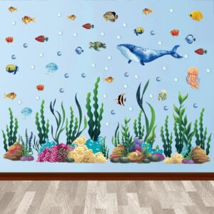 under the sea wall decals 2 sheets ocean wall decals stickers large coral reef and seaweed, bubbles vinyl wall sticker underwater sea wall stickers for toddler baby nursery living room office bathroom