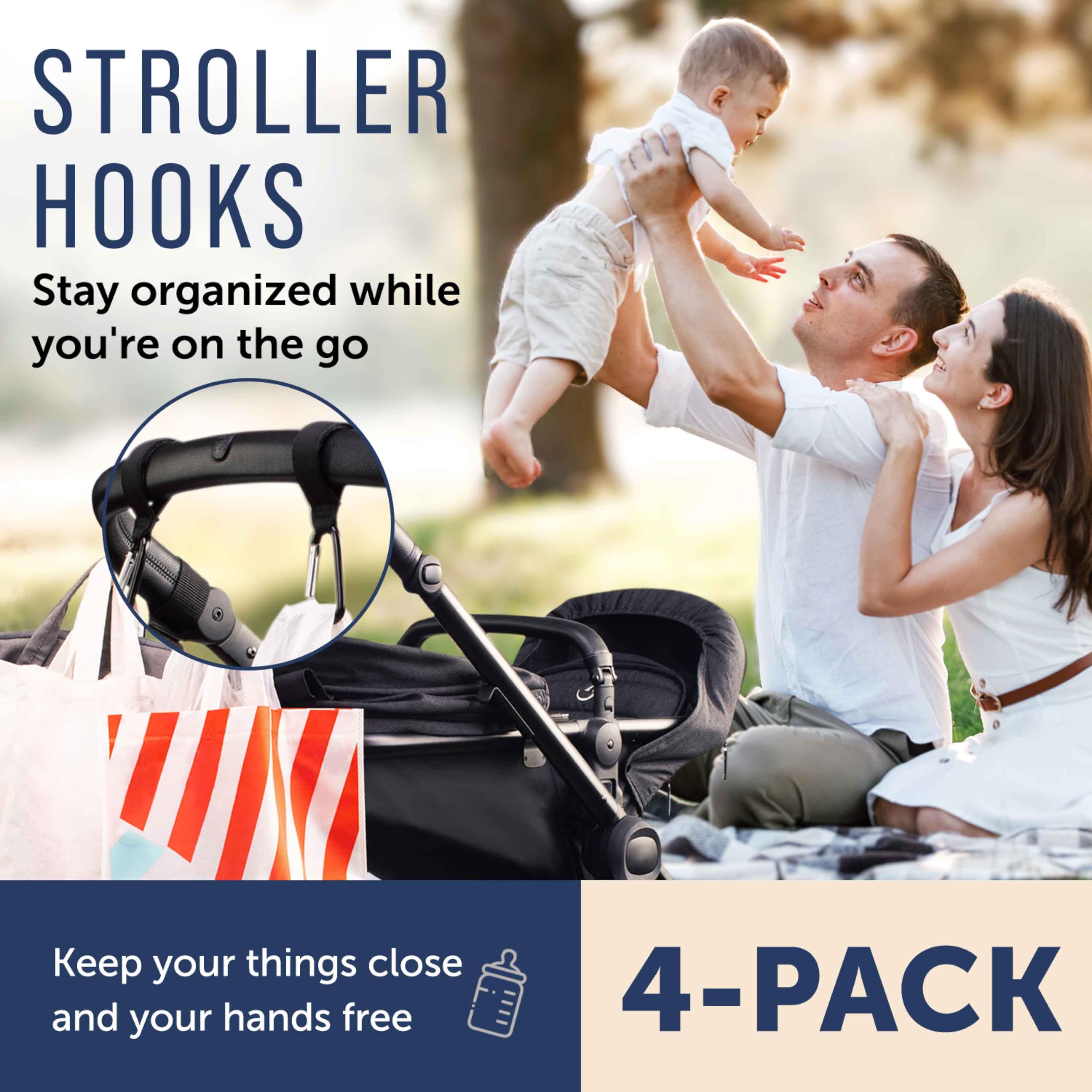 Maplefield Baby Stroller Hooks with Large Carabiner Clip - 4 Pack - Great for Organizing Diaper Bags, Purses, and Shopping Bags - Easy-to-Attach Design for On-The-Go Parents - Stroller Accessories