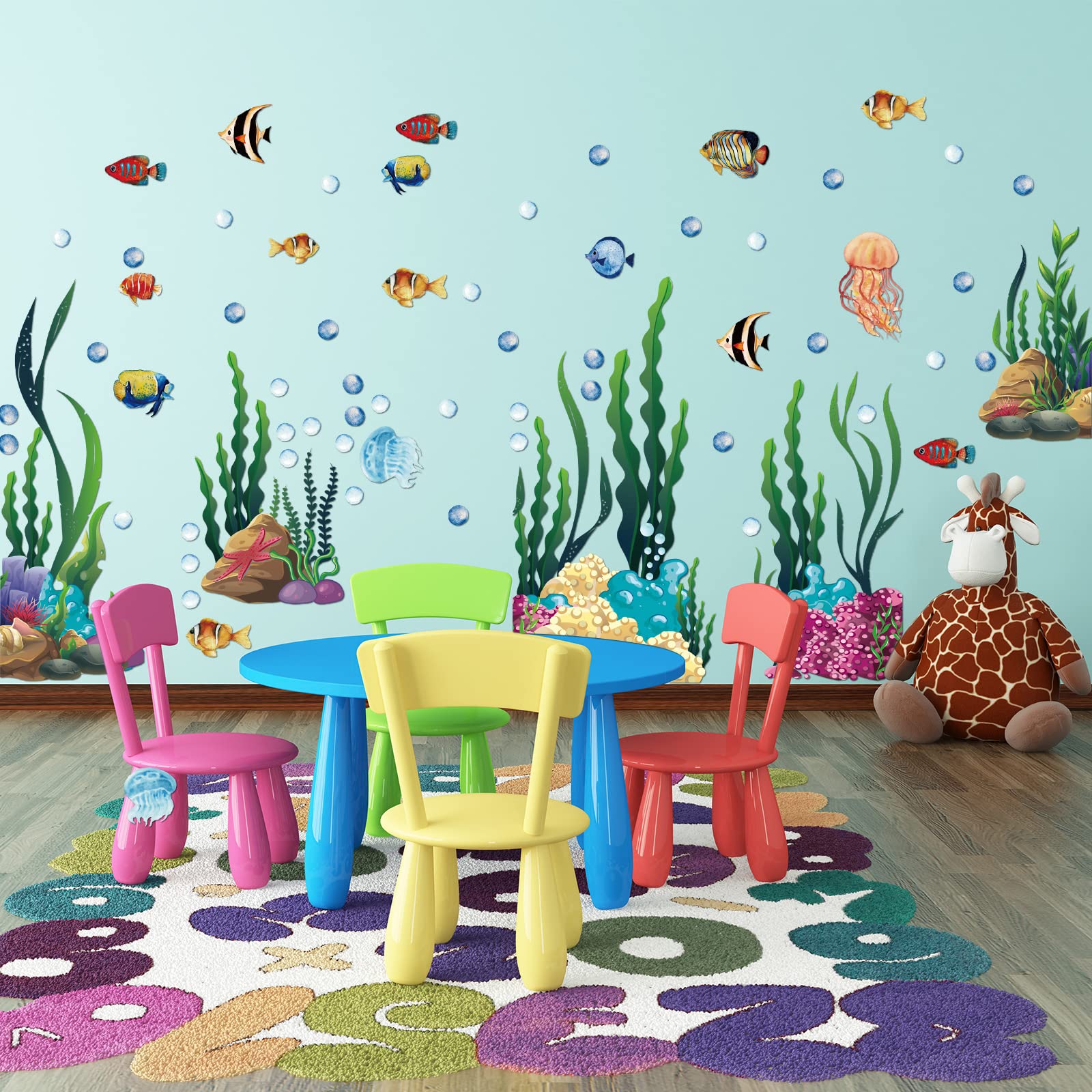 Under the Sea Wall Decals 2 Sheets Ocean Wall Decals Stickers Large Coral Reef and Seaweed, Bubbles Vinyl Wall Sticker Underwater Sea Wall Stickers for Toddler Baby Nursery Living Room Office Bathroom