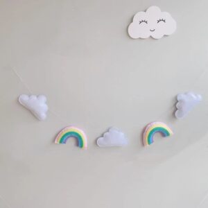 bemeet 5ft felt cloud rainbow wall hanging decoration (set of 1) clouds rainbows wall hanging garland for kids bedroom crib tent, baby shower party supplies, sky theme string banner for nursery decor