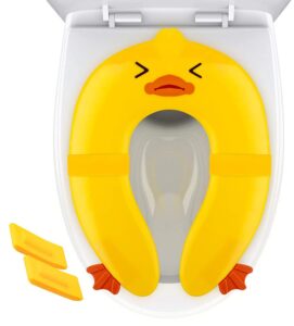 pokanic toilet potty training seat cover, travel toilet seat, folding non slip silicone pads, travel portable reusable kids toddlers boys girls, carry bag (yellow - duck)