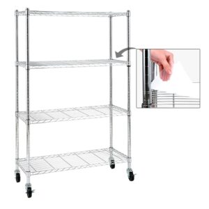 efine chrome 4-shelf shelving units and storage on 3'' wheels with 4 shelf liners, adjustable heavy duty steel wire shelving unit for garage, kitchen, office (36w x 14d x 57.7h) pole diameter 1 inch