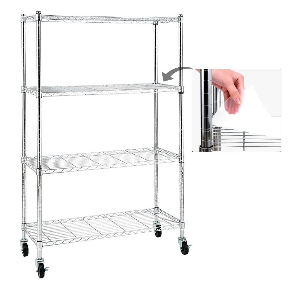 EFINE Chrome 4-Shelf Shelving Units and Storage on 3'' Wheels with 4 Shelf Liners, Adjustable Heavy Duty Steel Wire Shelving Unit for Garage, Kitchen, Office (36W x 14D x 57.7H) Pole Diameter 1 Inch