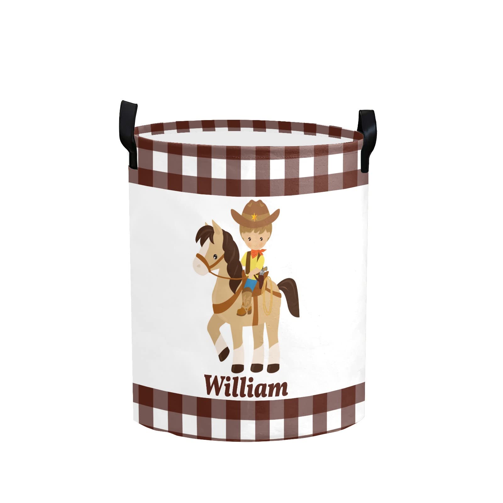 Personalized Laundry Basket Hamper,Cowboy Brown Plaid,Collapsible Storage Baskets with Handles for Kids Room,Clothes, Nursery Decor