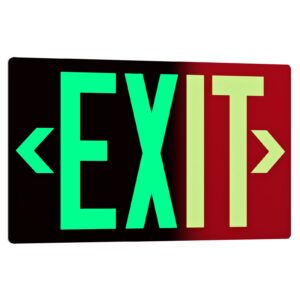 photoluminescent exit sign aluminum - adhesive backing glow in the dark - removable arrows included - 12x7 inches - non electrical red exit light for 50 feet visibility (1 pack)