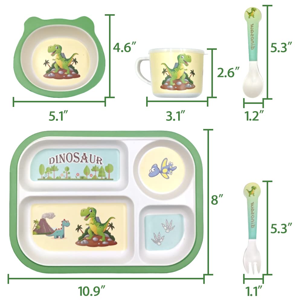 Dinosaur Bamboo Plate Kids Dinnerware Set Toddler Dishes Dinnerware Set Dino Plate Feeding Divided Plates Baby Dish Tableware with Bib