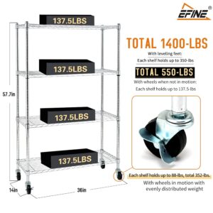 EFINE Chrome 4-Shelf Shelving Units and Storage on 3'' Wheels with 4 Shelf Liners, Adjustable Heavy Duty Steel Wire Shelving Unit for Garage, Kitchen, Office (36W x 14D x 57.7H) Pole Diameter 1 Inch