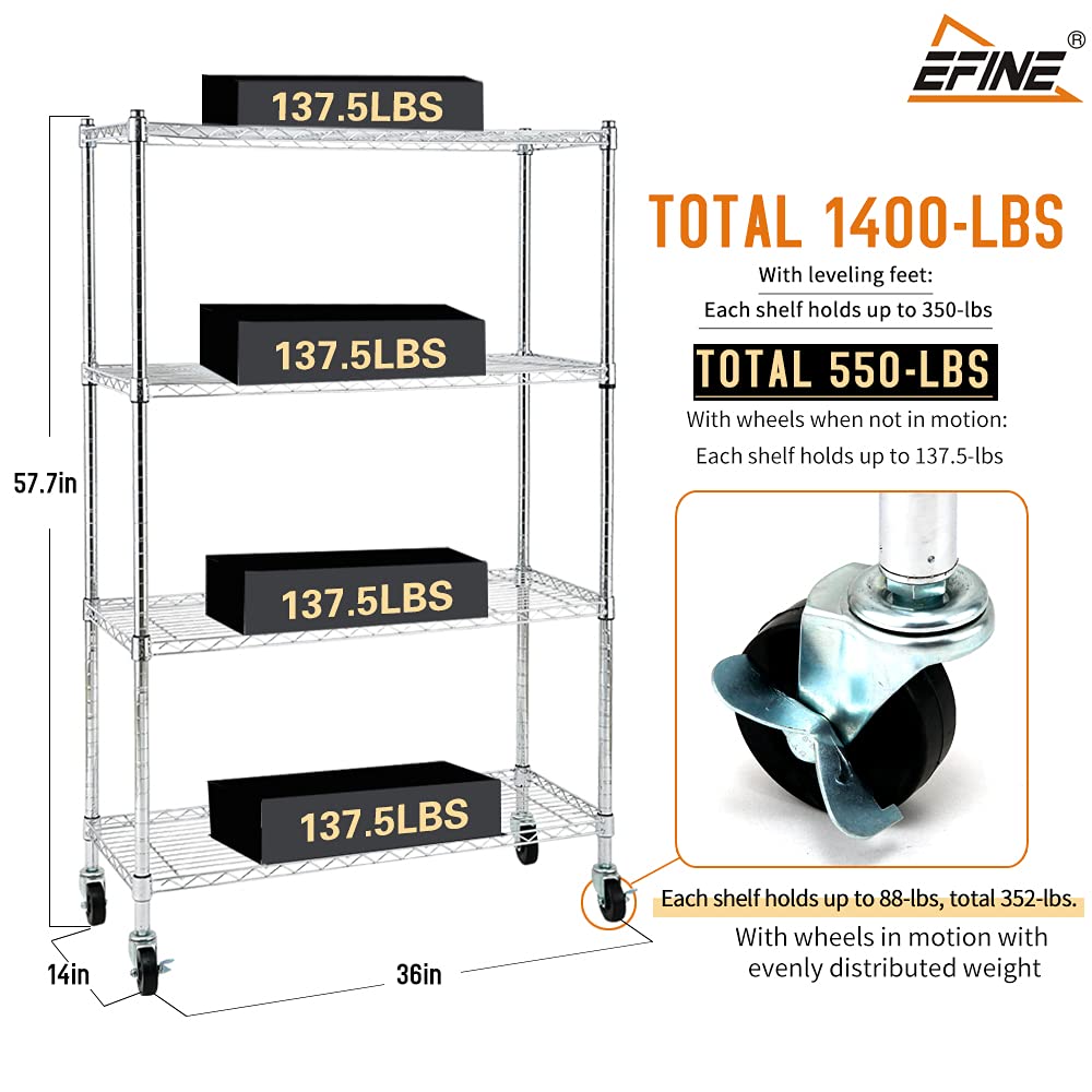 EFINE Chrome 4-Shelf Shelving Units and Storage on 3'' Wheels with 4 Shelf Liners, Adjustable Heavy Duty Steel Wire Shelving Unit for Garage, Kitchen, Office (36W x 14D x 57.7H) Pole Diameter 1 Inch