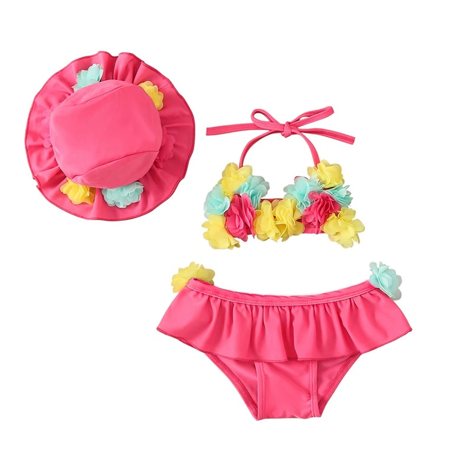 Yccutest Infant Baby Girl Flower Swimsuit 3Pcs Halter Triangle Tops Ruffle Bottoms Sun Hat Bikini Set Bathing Suit Swimwear (Pink,0-6 Months)