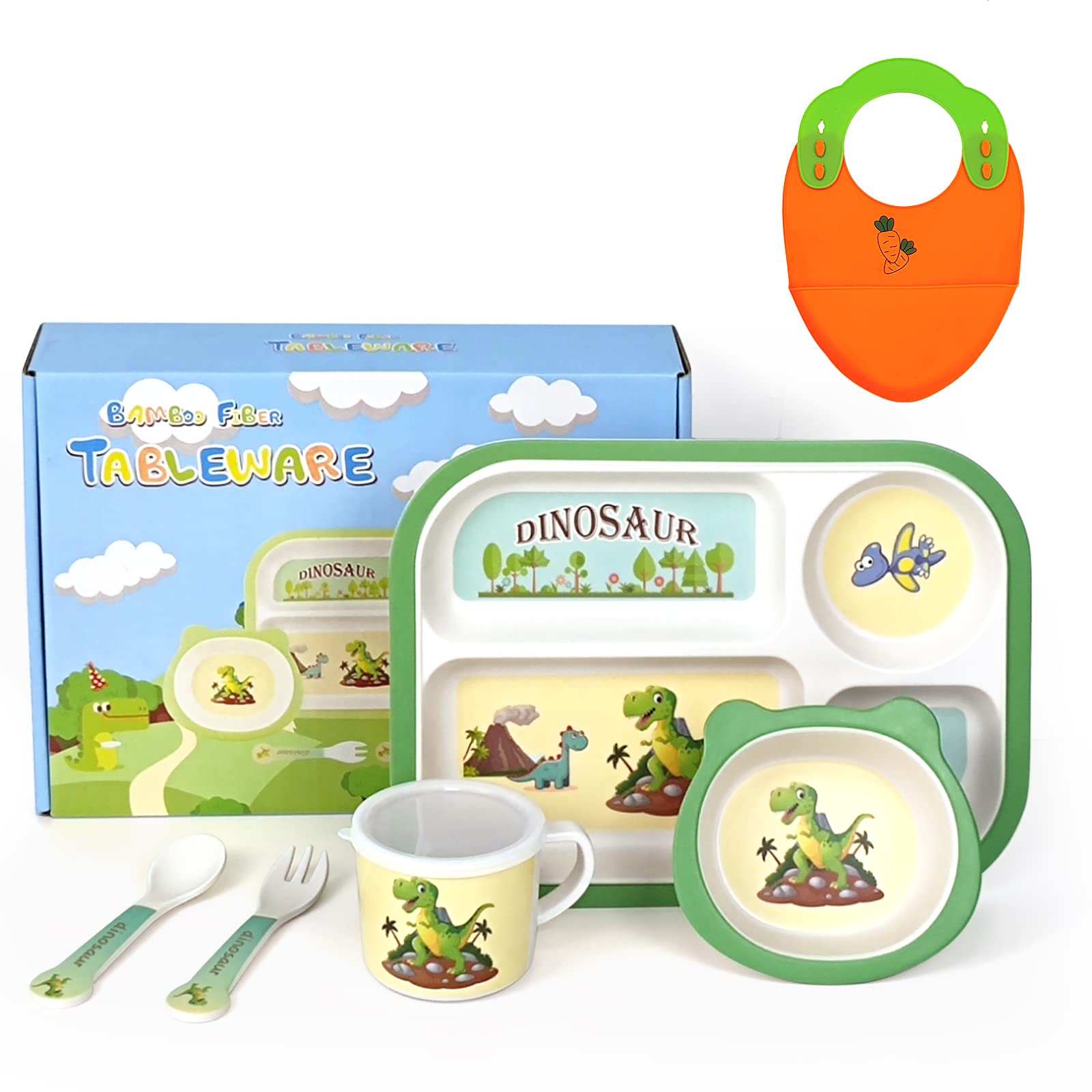 Dinosaur Bamboo Plate Kids Dinnerware Set Toddler Dishes Dinnerware Set Dino Plate Feeding Divided Plates Baby Dish Tableware with Bib