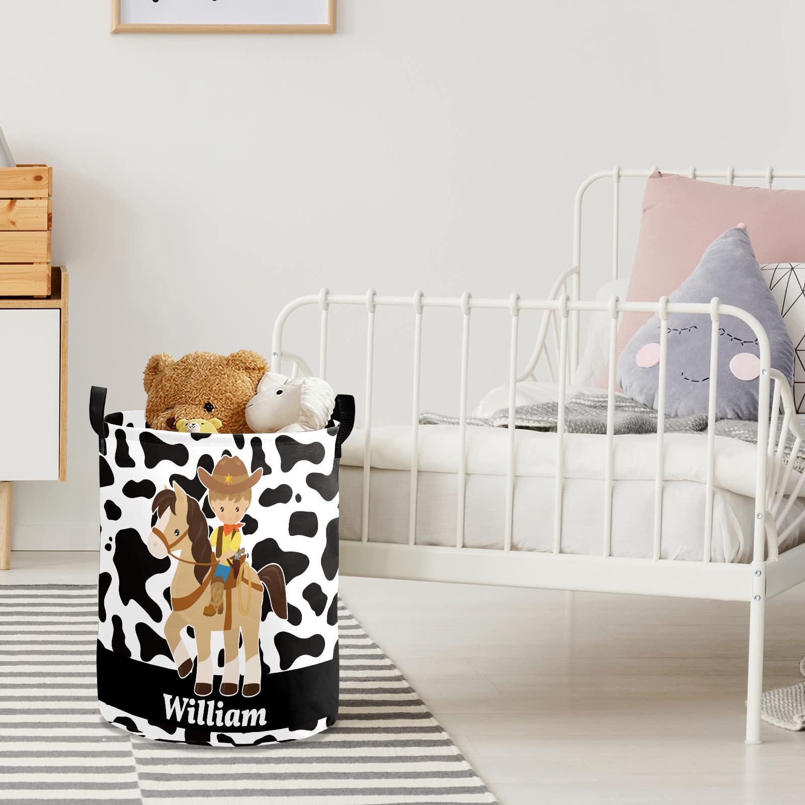 Personalized Laundry Basket Hamper,Cowboy Horse Black,Collapsible Storage Baskets with Handles for Kids Room,Clothes, Nursery Decor