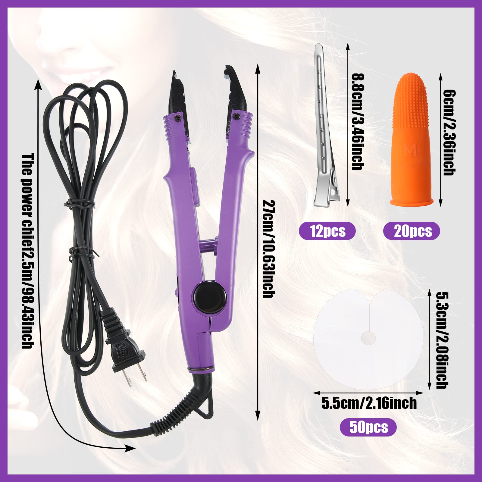 Lanties Keratin Hair Iron Fusion Heat Tool with Purple Connector Wand, 2 Bags Keratin Beads, Hair Clips, Finger Protector, Heat Insulation Sheets, for DIY Hairstyles