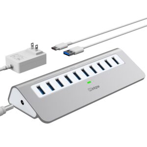 powered usb hub, intpw 10 port usb 3.1 hub with 10gbps data transfer, 30w(12v/2.5a) power adapter, usb type a and type c cable, aluminum usb power hub for laptop, macbook and desktop computer