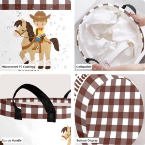 Personalized Laundry Basket Hamper,Cowboy Brown Plaid,Collapsible Storage Baskets with Handles for Kids Room,Clothes, Nursery Decor