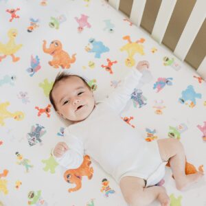 Premium Knit Baby Crib Sheets for Boys and Girls by Copper Pearl: Breathable and Soft, Fitted Crib Sheets for Standard Baby Mattresses, Crib Sheet for Baby Registry or Shower Gift, Sesame Friends