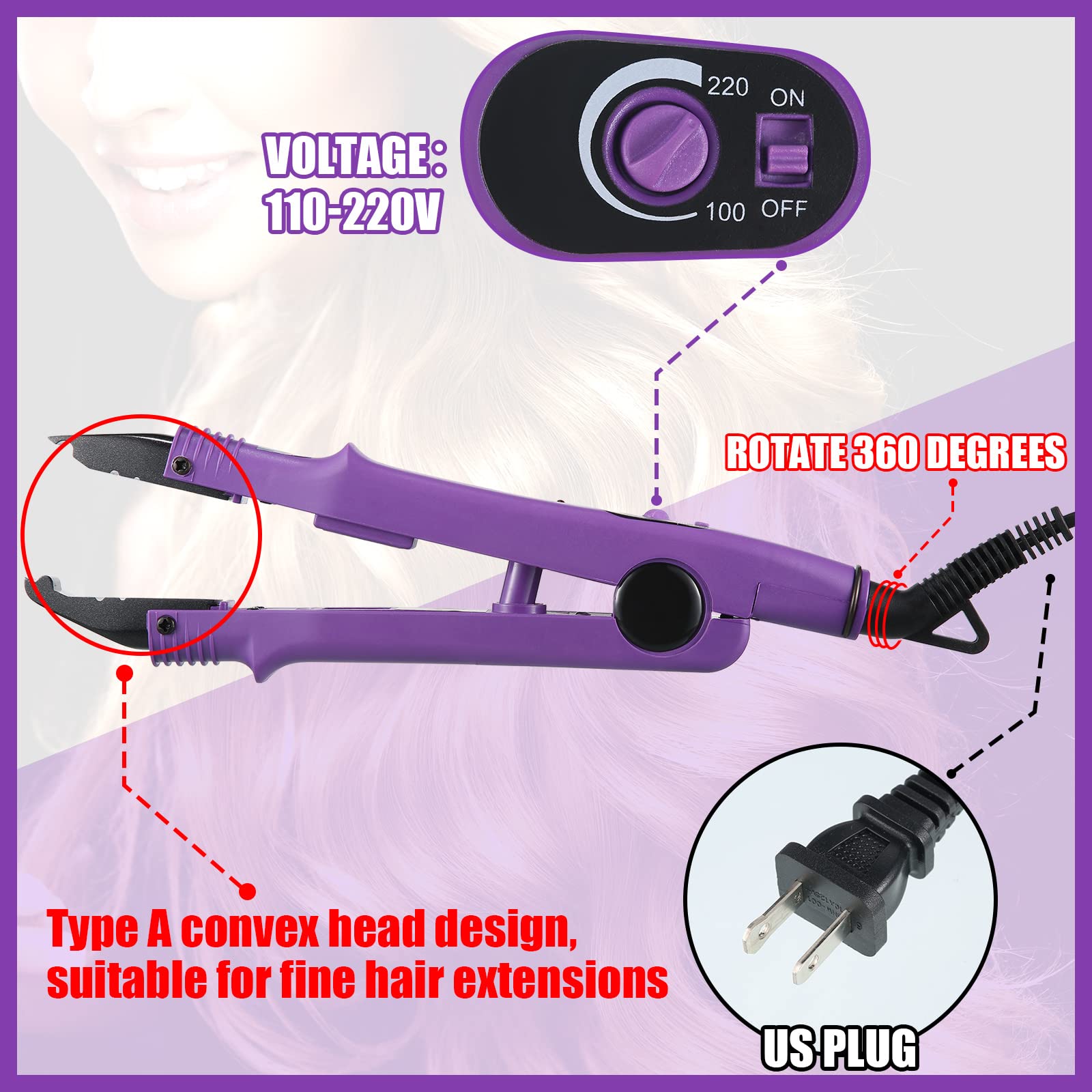 Lanties Keratin Hair Iron Fusion Heat Tool with Purple Connector Wand, 2 Bags Keratin Beads, Hair Clips, Finger Protector, Heat Insulation Sheets, for DIY Hairstyles