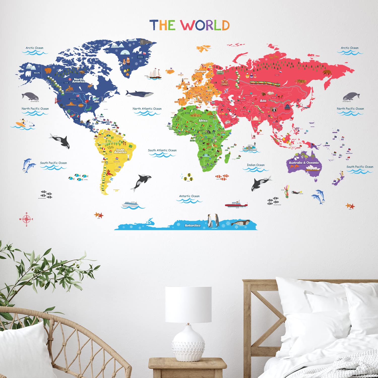 BASHOM BS-115 Large Animal Landmarks World Map Wall Decals Educational Stickers for Kids Nursery Bedroom Living Room Classroom Peel Stick Removable Poster mapa Mundi para pared Art