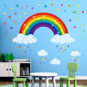 bashom bs-114 rainbow wall decals colorful star stickers for girls kids baby bedroom nursery living room peel and stick removable decor decorations room art toddler wallpaper playroom cloud boys