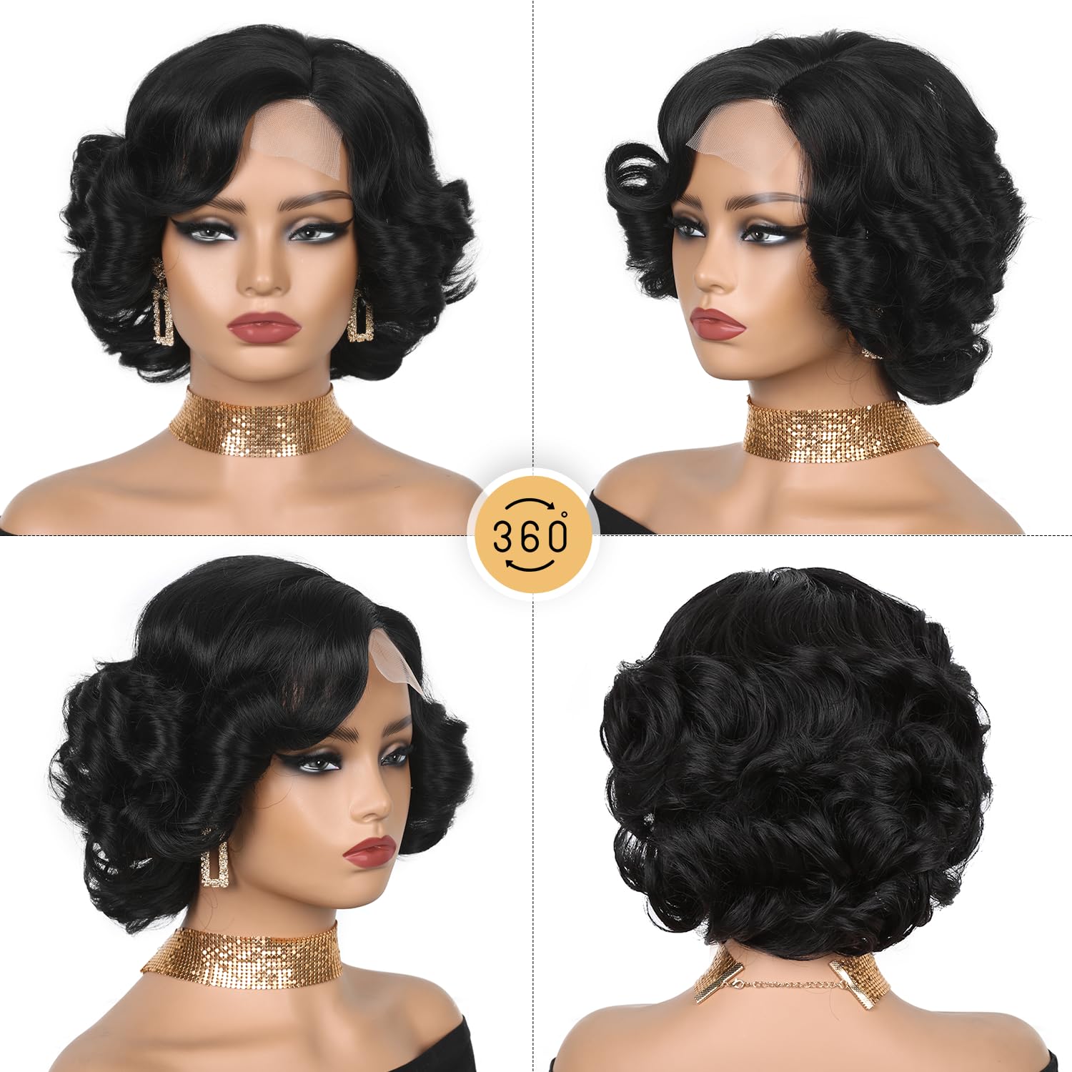 Fancy Hair Short Curly Bob Wig Lace Curled Bob Wigs for Black Women Big Curly Lady Side Part Wigs Synthetic Body Wave Wig for Women Daily Cosplay Use