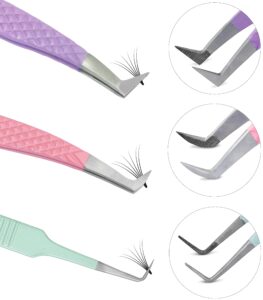 sivote lash tweezers for eyelash extensions, set of 3 - volume, volume boot, slim 90 degree tweezers with fiber tips in pastel colors, ideal for mega, volume & russian lashes - includes leather pouch