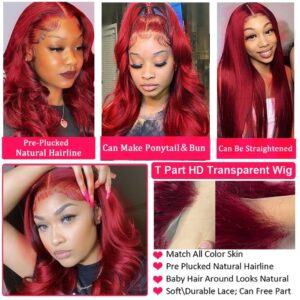 MUPRETTY 99J Burgundy Lace Front Wigs Human Hair Body Wave Lace Front Wig 180% Density Glueless Human Hair Lace Front Wigs Pre Plucked 13x4x1 T Part Lace Wig Human Hair Natural Hairline (20Inch)