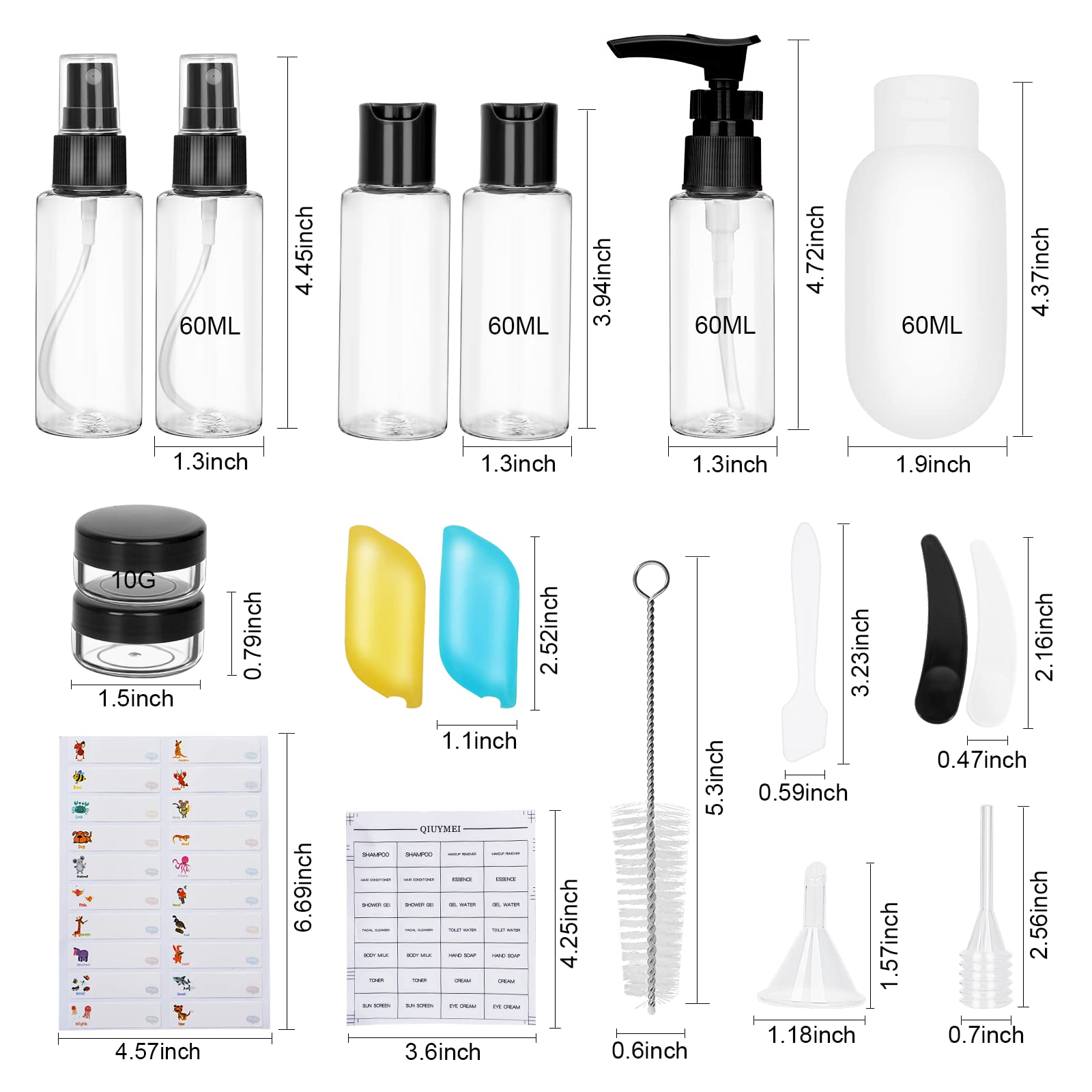 QIUYMEI 19 Pack Travel Bottles Set for Toiletries TSA Approved Travel Leak Proof Refillable Travel Accessories 2oz,Travel Size Containers With Quart Bag for Shampoo Conditioner Lotion Liquids (black)