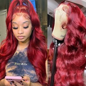 mupretty 99j burgundy lace front wigs human hair body wave lace front wig 180% density glueless human hair lace front wigs pre plucked 13x4x1 t part lace wig human hair natural hairline (20inch)