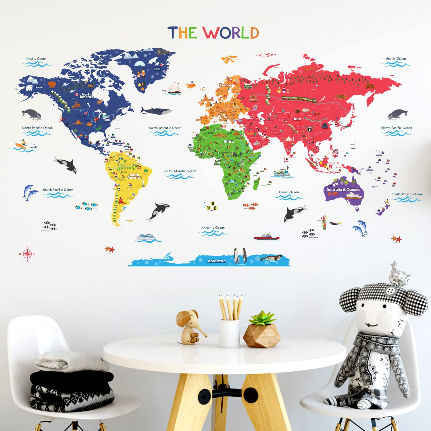 BASHOM BS-115 Large Animal Landmarks World Map Wall Decals Educational Stickers for Kids Nursery Bedroom Living Room Classroom Peel Stick Removable Poster mapa Mundi para pared Art