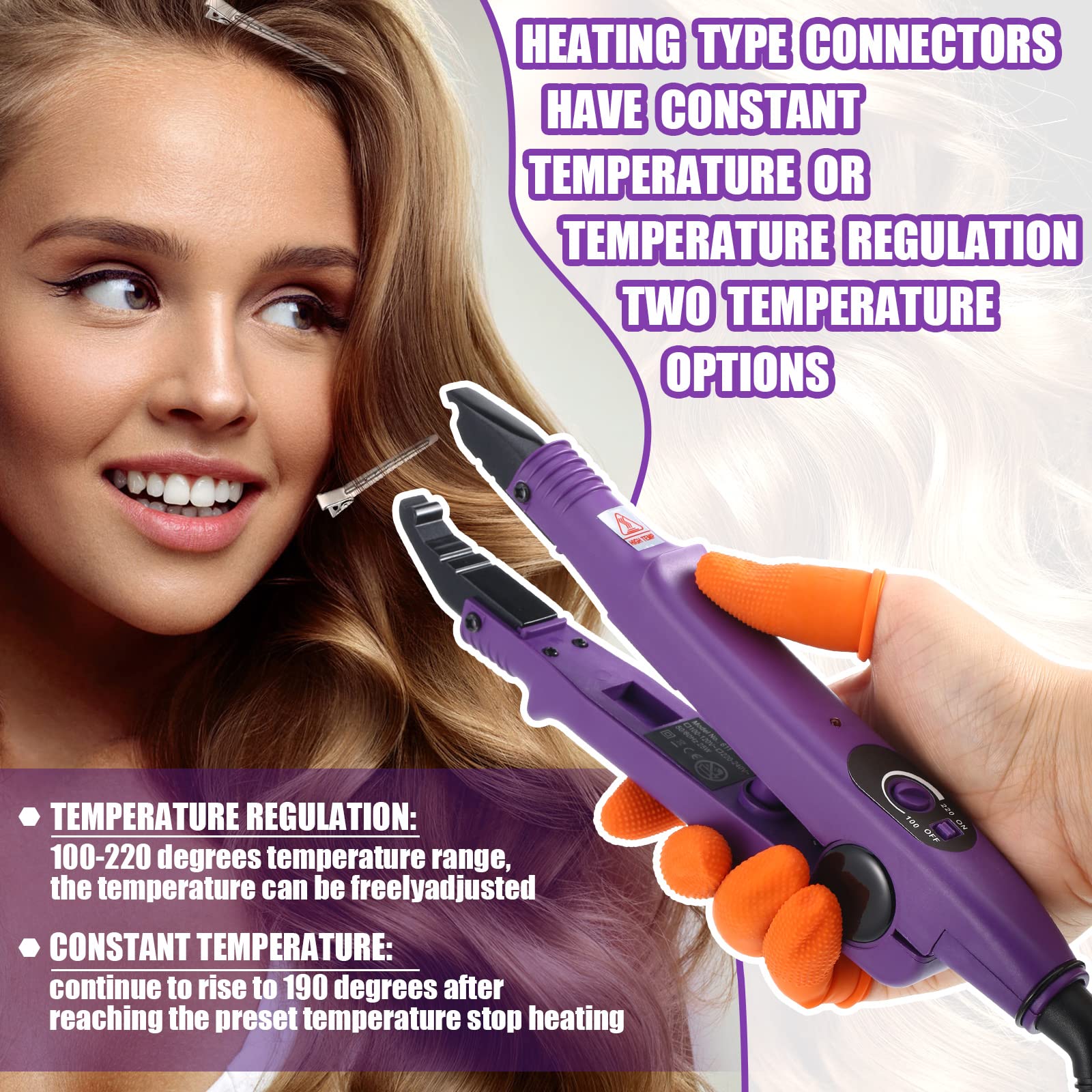 Lanties Keratin Hair Iron Fusion Heat Tool with Purple Connector Wand, 2 Bags Keratin Beads, Hair Clips, Finger Protector, Heat Insulation Sheets, for DIY Hairstyles