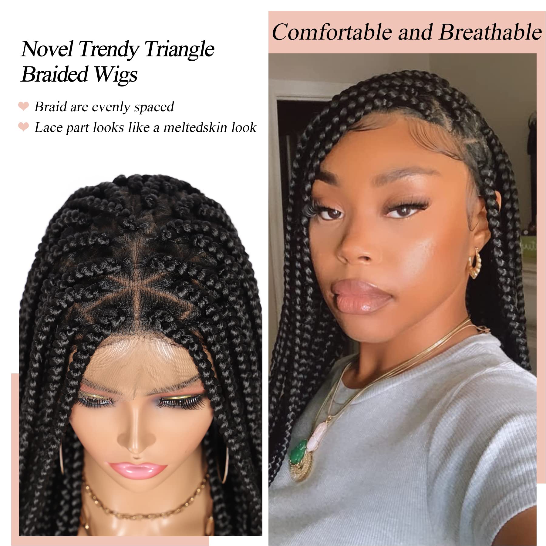 Lexqui 36'' Box Braided Wigs for Women Braided Lace Wigs Triangle Knotless Lace Front Braided Wig Human Hair Blended Full Double Lace Braided wig with Baby Hair Braid Lace Front Wig