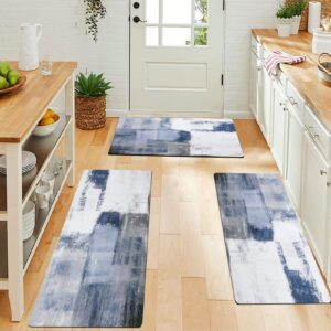 Pauwer Kitchen Rug Sets 3 Piece with Runner Farmhouse Kitchen Rugs and Mats Non Skid Washable Cushioned Kitchen Area Rug Floor Mat Waterproof Runner Rugs for Hallway Kitchen Laundry Room, Blue