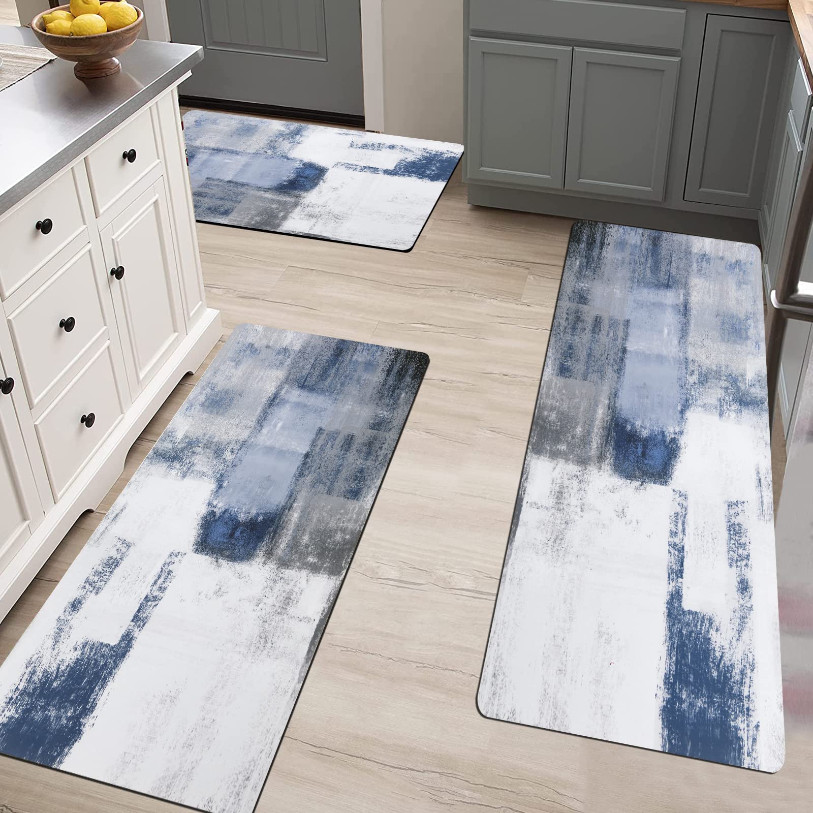 Pauwer Kitchen Rug Sets 3 Piece with Runner Farmhouse Kitchen Rugs and Mats Non Skid Washable Cushioned Kitchen Area Rug Floor Mat Waterproof Runner Rugs for Hallway Kitchen Laundry Room, Blue