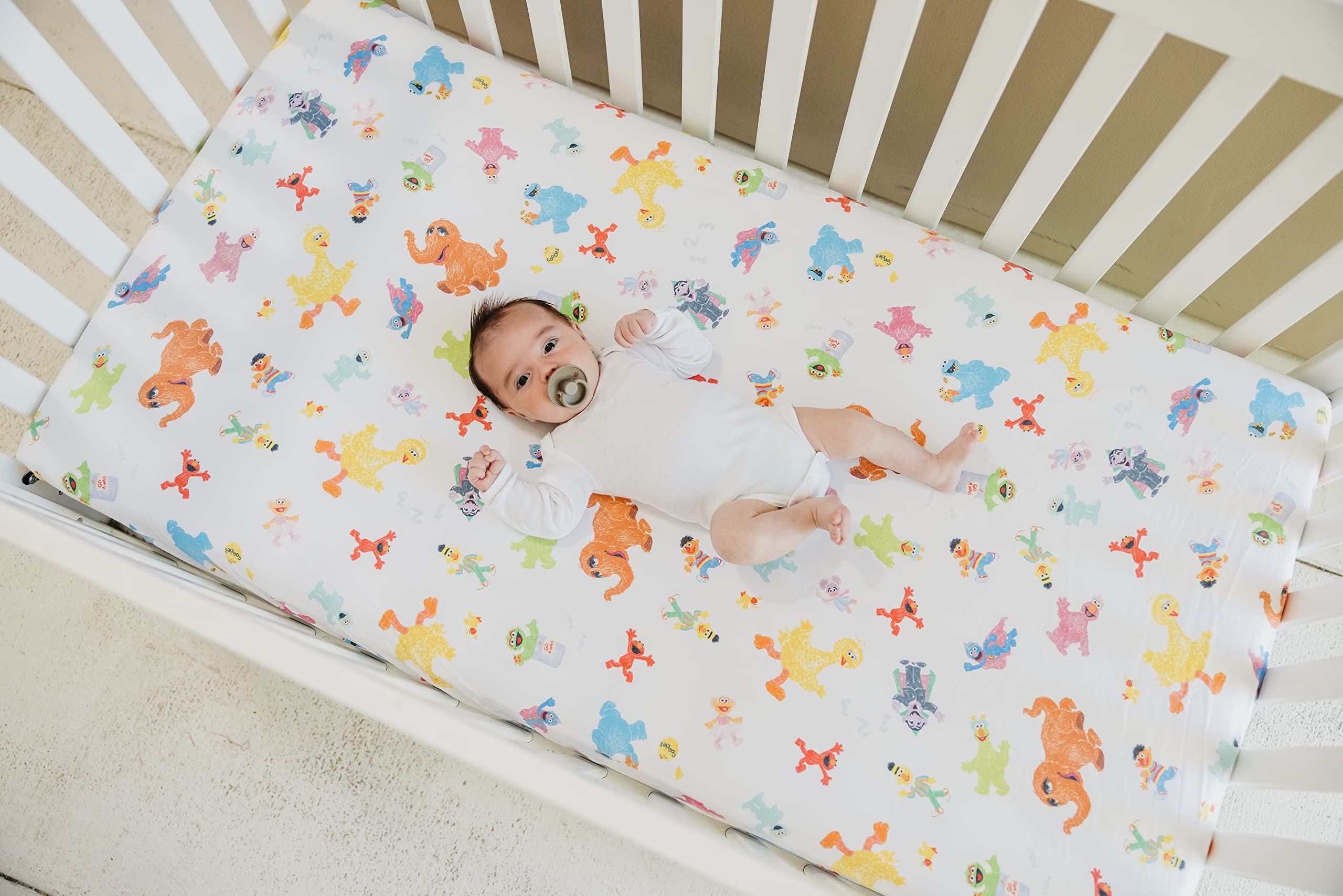 Premium Knit Baby Crib Sheets for Boys and Girls by Copper Pearl: Breathable and Soft, Fitted Crib Sheets for Standard Baby Mattresses, Crib Sheet for Baby Registry or Shower Gift, Sesame Friends