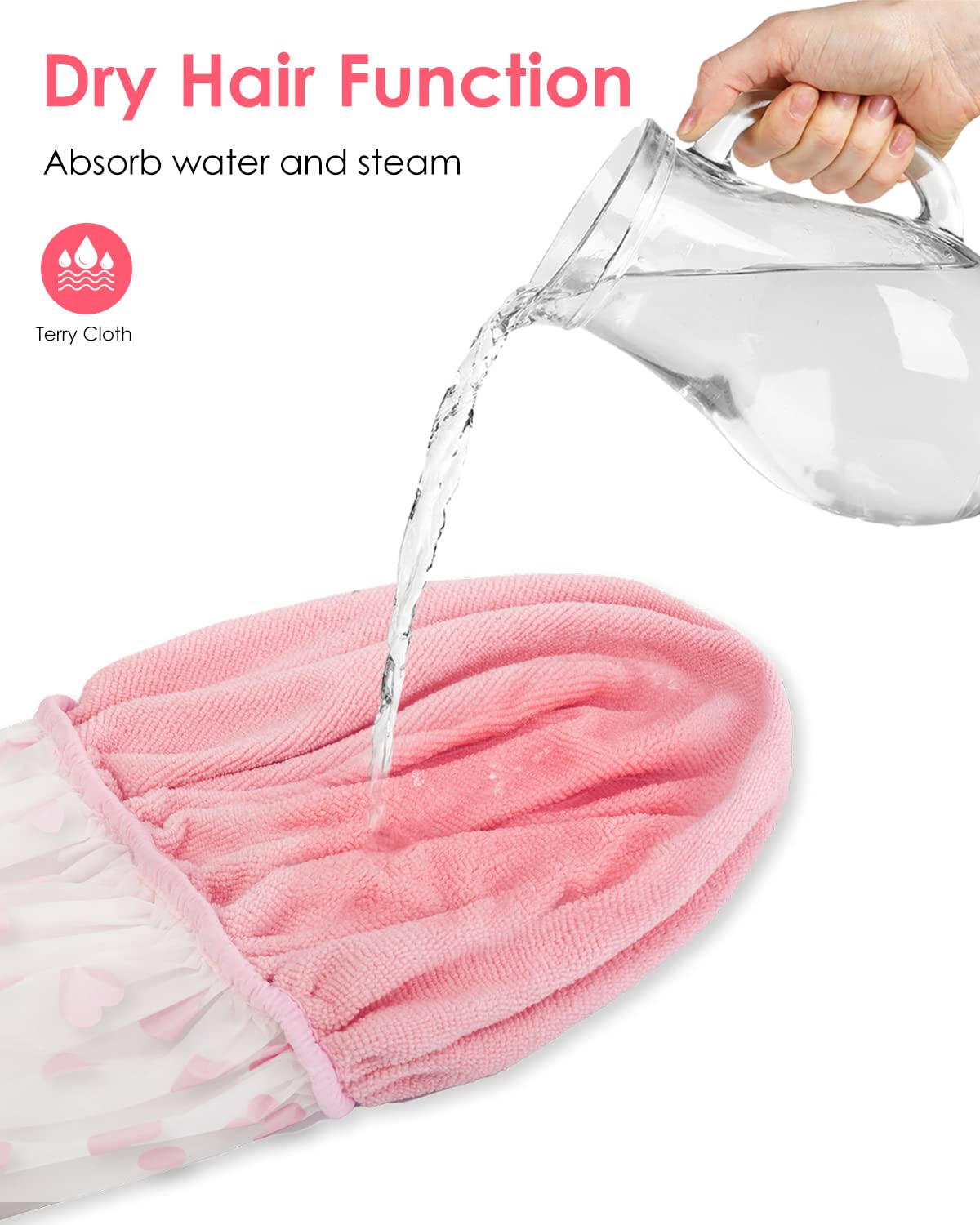 Auban Shower Cap, Shower Cap for Women Terry Cloth Lined EVA Exterior Reusable Double Layer Waterproof, Large Bath Hair Cap, Hotel Travel Essentials Accessories Cleaning Supplies(Pink)