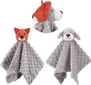 baby security blankets fox and puppy for newborn babies 2 in 1 stuffed animals gift for toddler and infant super soft minky dot fabric 15 inch