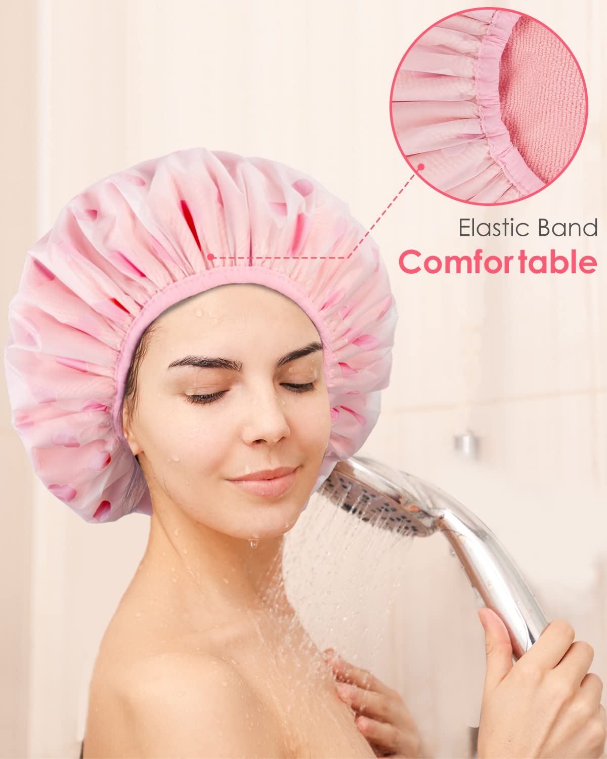 Auban Shower Cap, Shower Cap for Women Terry Cloth Lined EVA Exterior Reusable Double Layer Waterproof, Large Bath Hair Cap, Hotel Travel Essentials Accessories Cleaning Supplies(Pink)