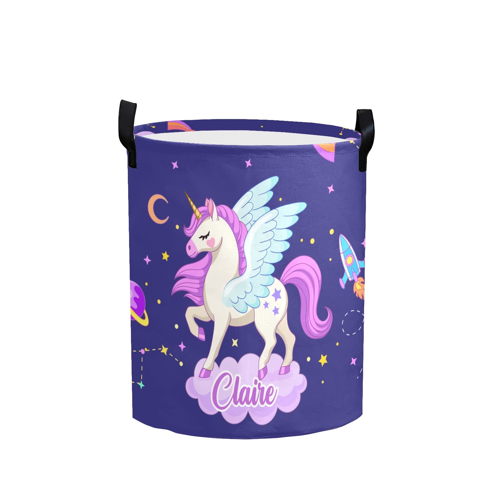 Personalized Laundry Basket Hamper,Unicorn Cloud Purple,Collapsible Storage Baskets with Handles for Kids Room,Clothes, Nursery Decor