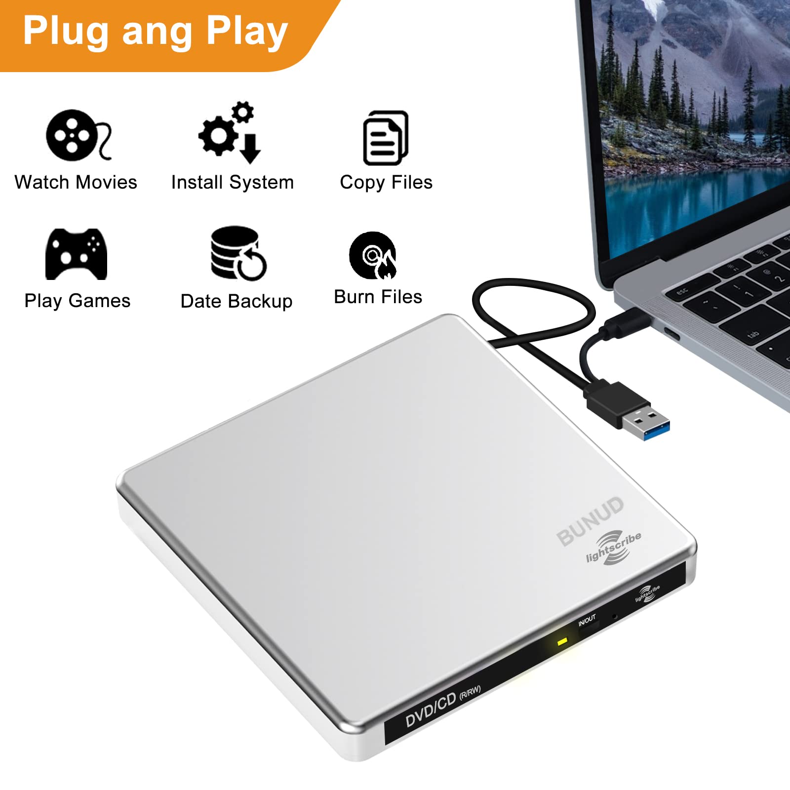 External CD DVD Drive LightScribe CD/DVD +/-RW Burner Player Writer Optical Disk Reader Portable CD DVD Drive for Laptop Mac MacBook PC Windows 11 10 Linux OS