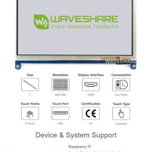 waveshare 7inch Capacitive Touch Screen LCD Compatible with Raspberry Pi 4B/3B+/3A+/2B/B+/A+/Zero/Zero W/WH/Zero 2W CM3+/4 800×480 Resolution HDMI Low Power Consumption Supports Windows