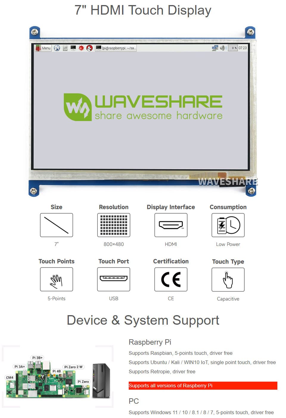 waveshare 7inch Capacitive Touch Screen LCD Compatible with Raspberry Pi 4B/3B+/3A+/2B/B+/A+/Zero/Zero W/WH/Zero 2W CM3+/4 800×480 Resolution HDMI Low Power Consumption Supports Windows